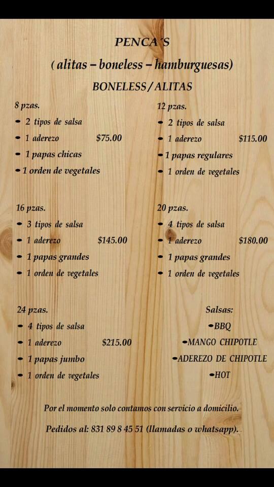 Carta del restaurante Penca's alitas, boneless & hamburguesas, Ciudad Mante