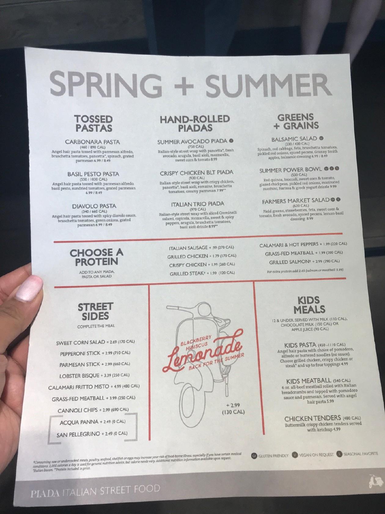 Menu at Piada Italian Street Food restaurant, Woodbury