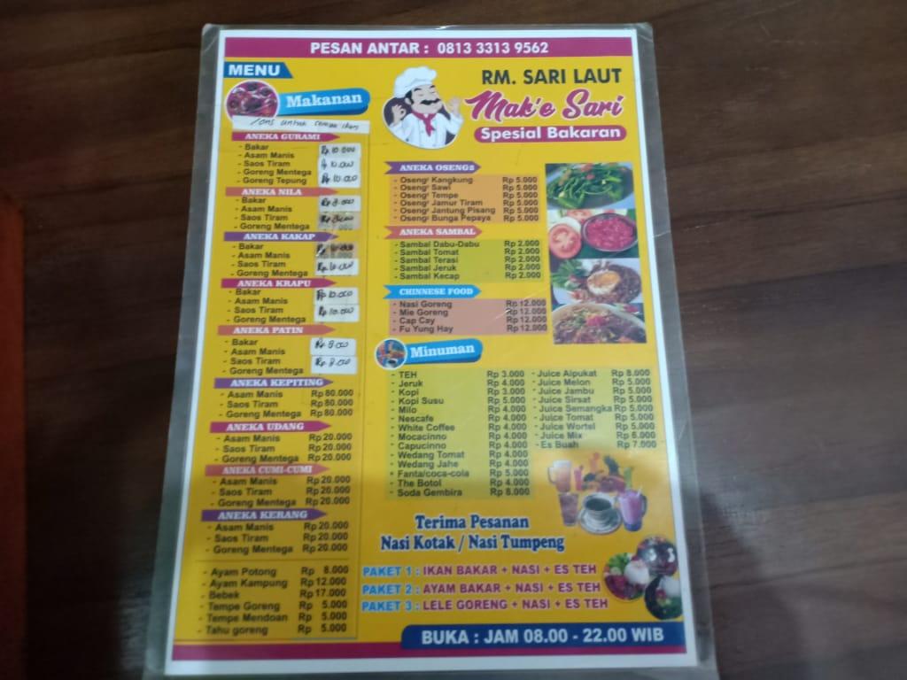 Menu at RM. Sari Laut "Mak'e Sari" restaurant, Madiun