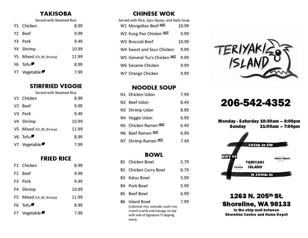 Menu at Teriyaki Island restaurant, Shoreline
