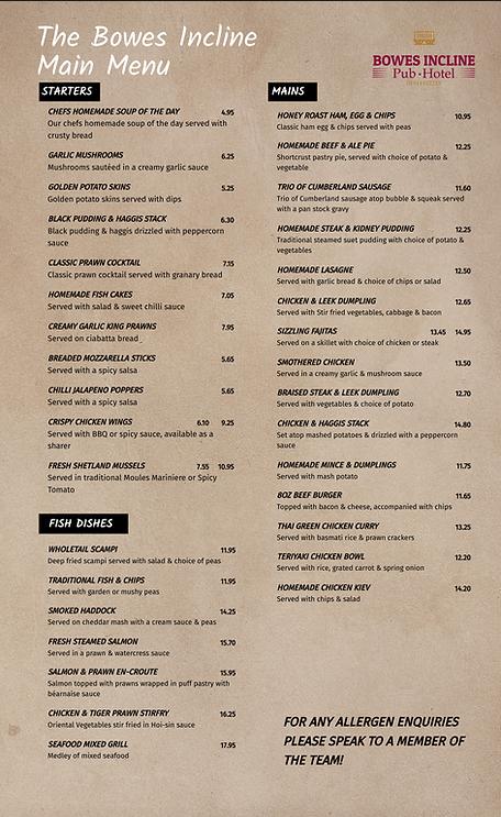 Menu at The Bowes Incline pub & bar, Gateshead