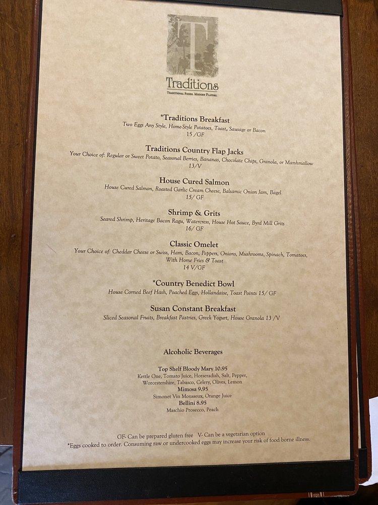 Menu at Traditions restaurant, Williamsburg