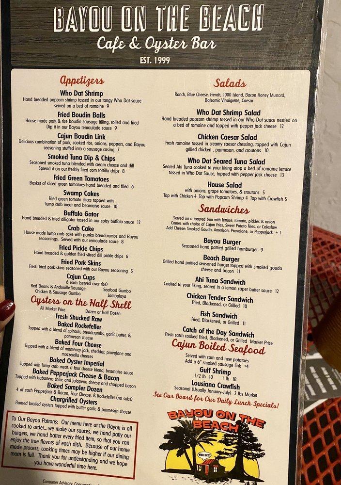 Menu at Bayou on the Beach restaurant, Panama City Beach, Hutchison Blvd