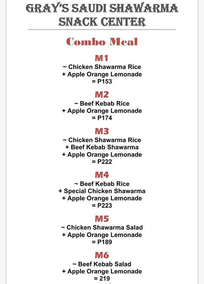 Menu at Gray's Saudi Shawarma Snack Center, San Fernando, Biday