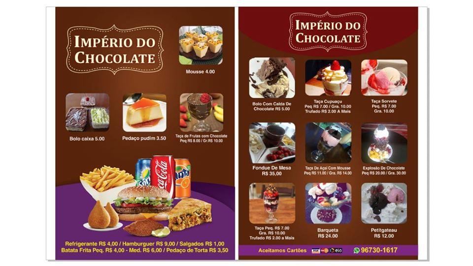 Menu at Império do chocolate restaurant, São Paulo, Rua arlindo colaço