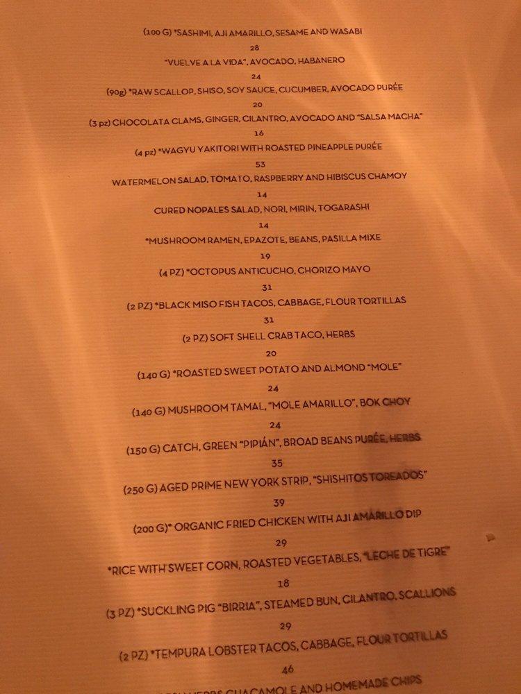 Carta del restaurante Manta, Cabo San Lucas