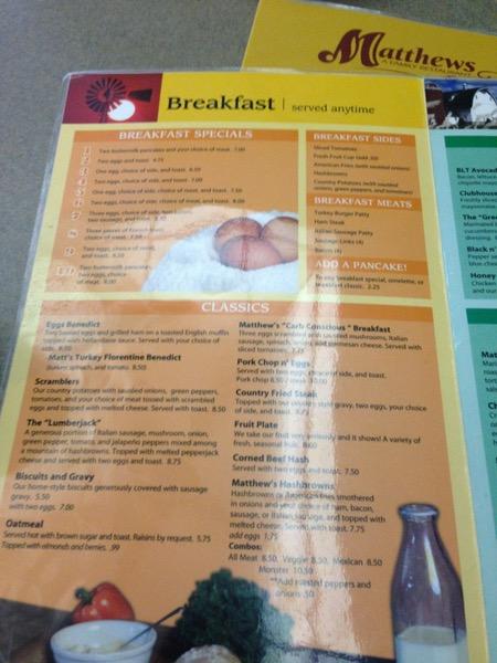 Menu at Matthew's Family Restaurant, Circle Pines