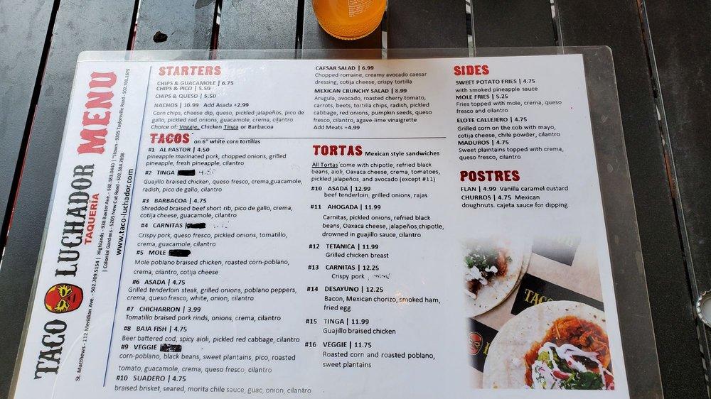Menu at Taco Luchador restaurant, Louisville, 112 Meridian Ave