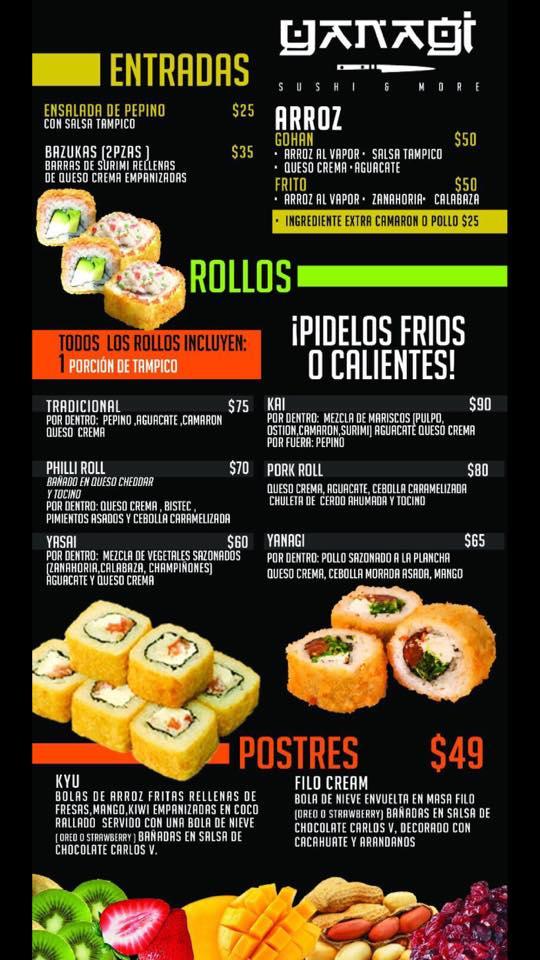 Menu at Yanagi restaurant, Torreón