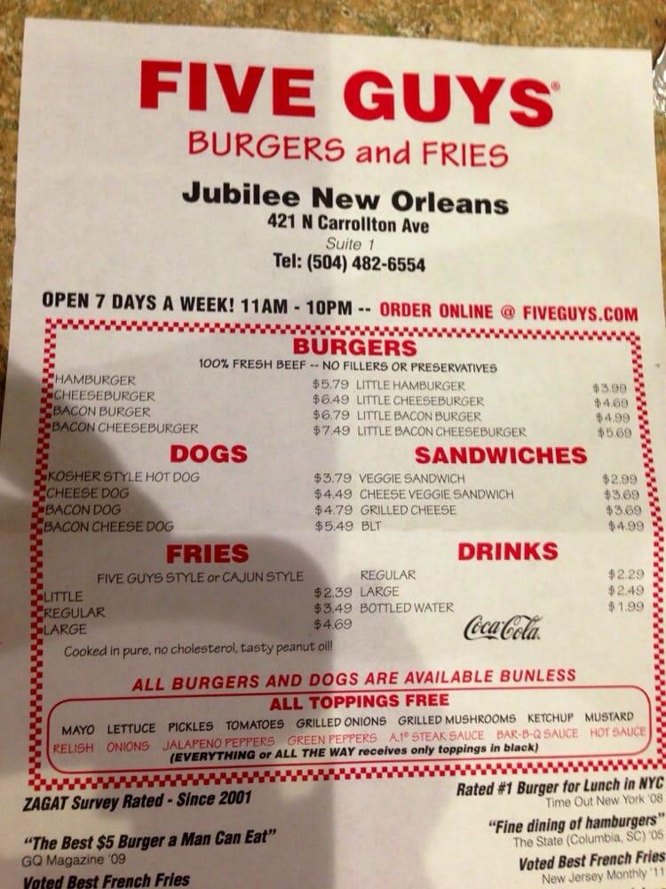 Menu at Five Guys fast food, New Orleans, 401 N Carrollton Ave