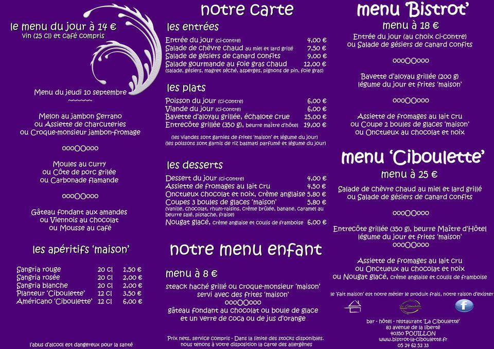 Menu at Restaurant La Ciboulette, Pouillon