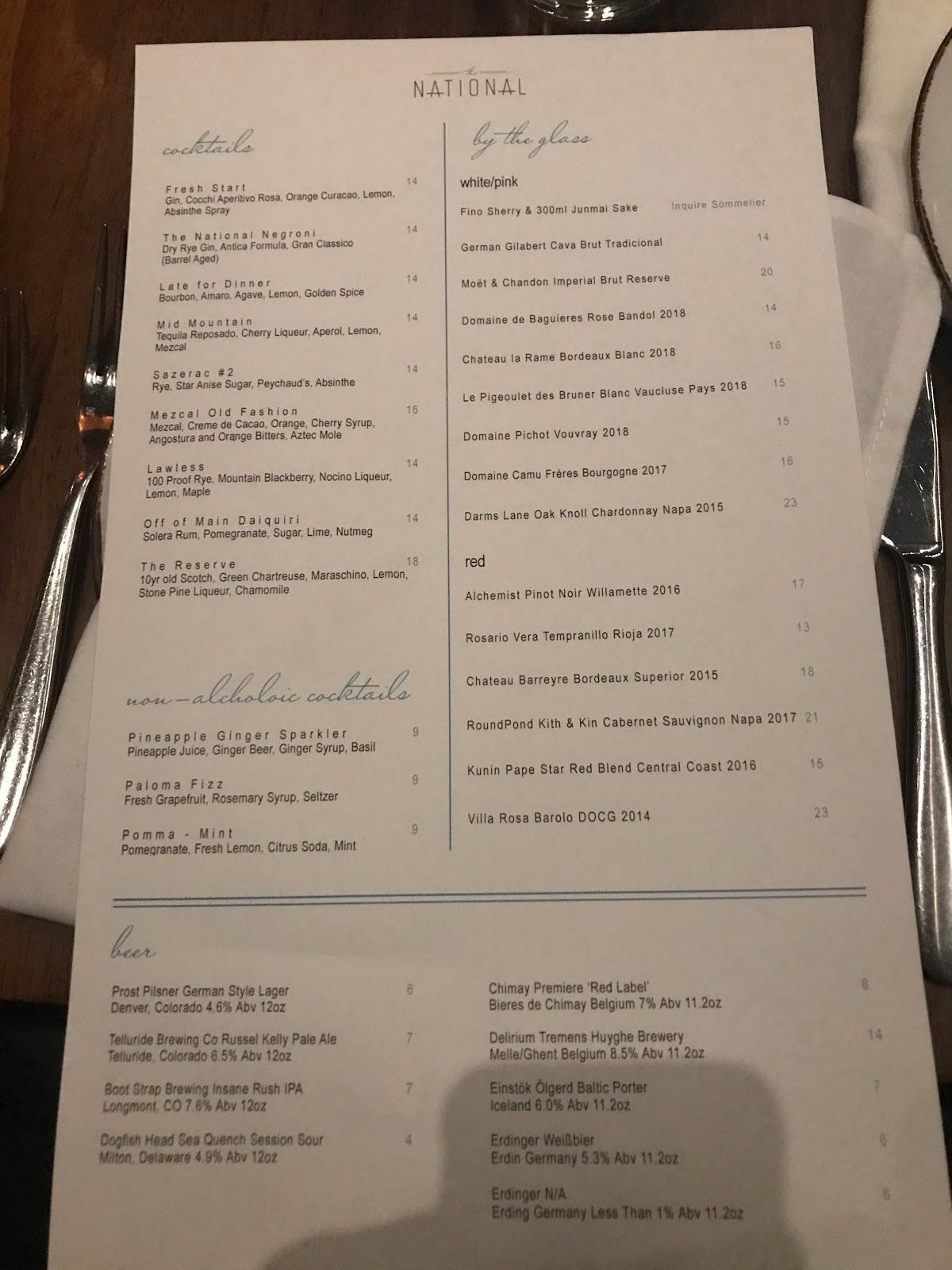 Menu at The National restaurant, Telluride