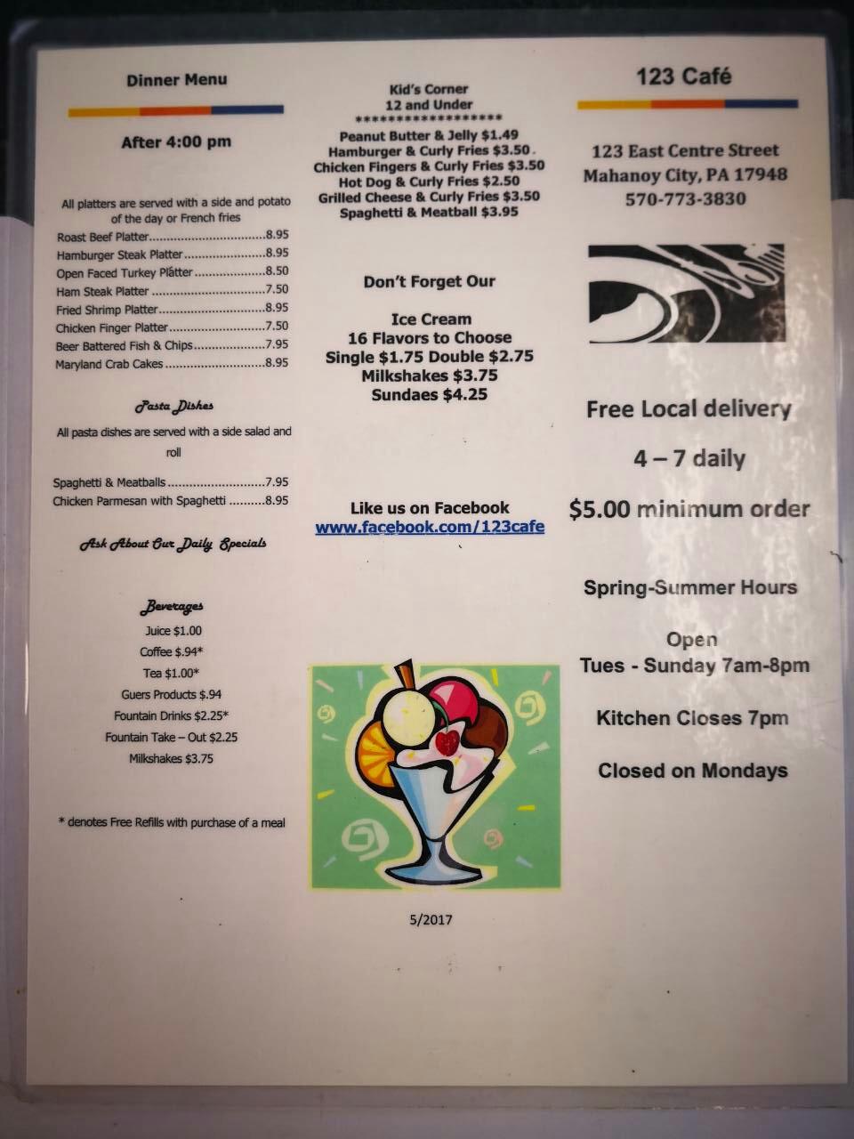 Menu at The 123 Cafe, Mahanoy City, 123 E Centre St