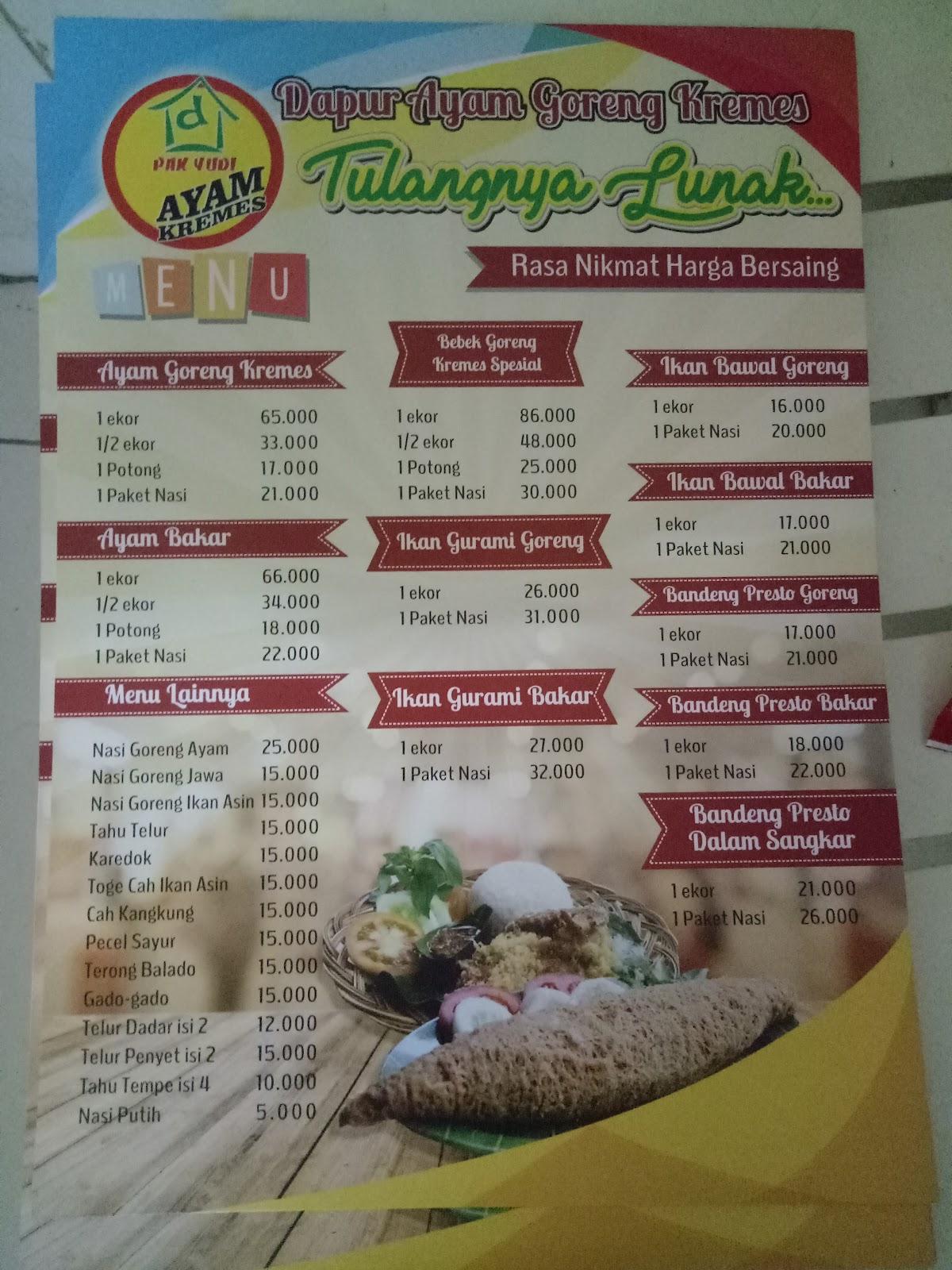 Menu at Ayam Kremes Tulang Lunak Pak Yudi restaurant, Central Jakarta