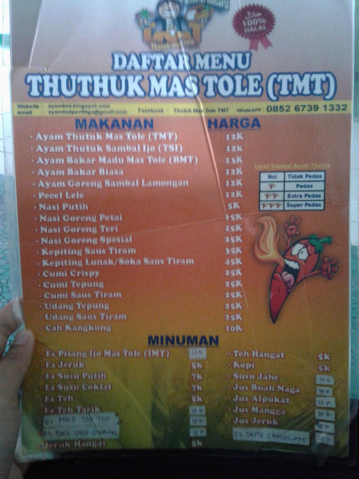Menu at Ayam Thutuk Mas Tole (TMT) & Es Pisang Ijo restaurant, Indonesia