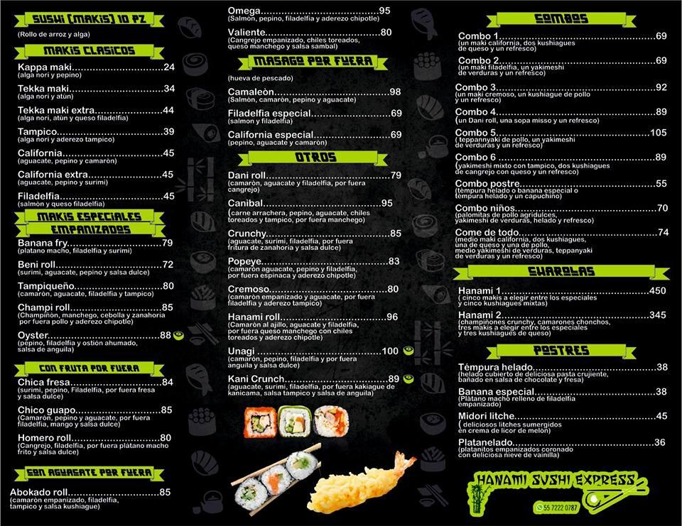 Menu at Hanami Sushi restaurant, Amecameca