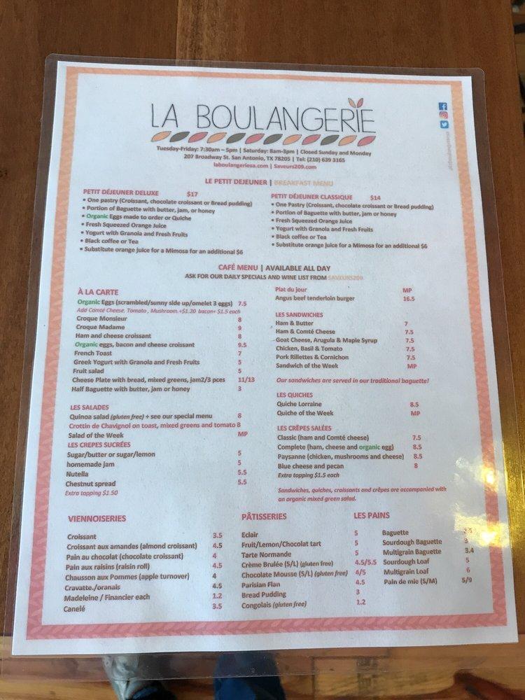 Menu at La Boulangerie cafe, San Antonio