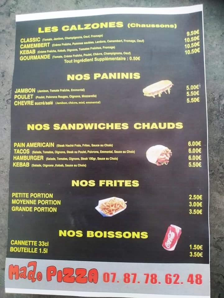 Menu au Mado pizza restaurant, Canet