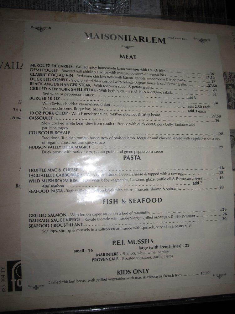 Menu at Maison Harlem restaurant, New York City, 341 St Nicholas Ave