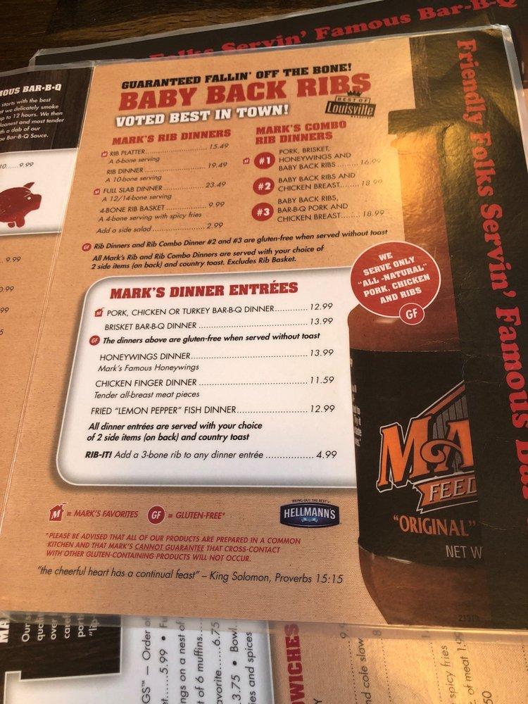 Menu at Mark's Feed Store BBQ, Louisville, Dixie Hwy