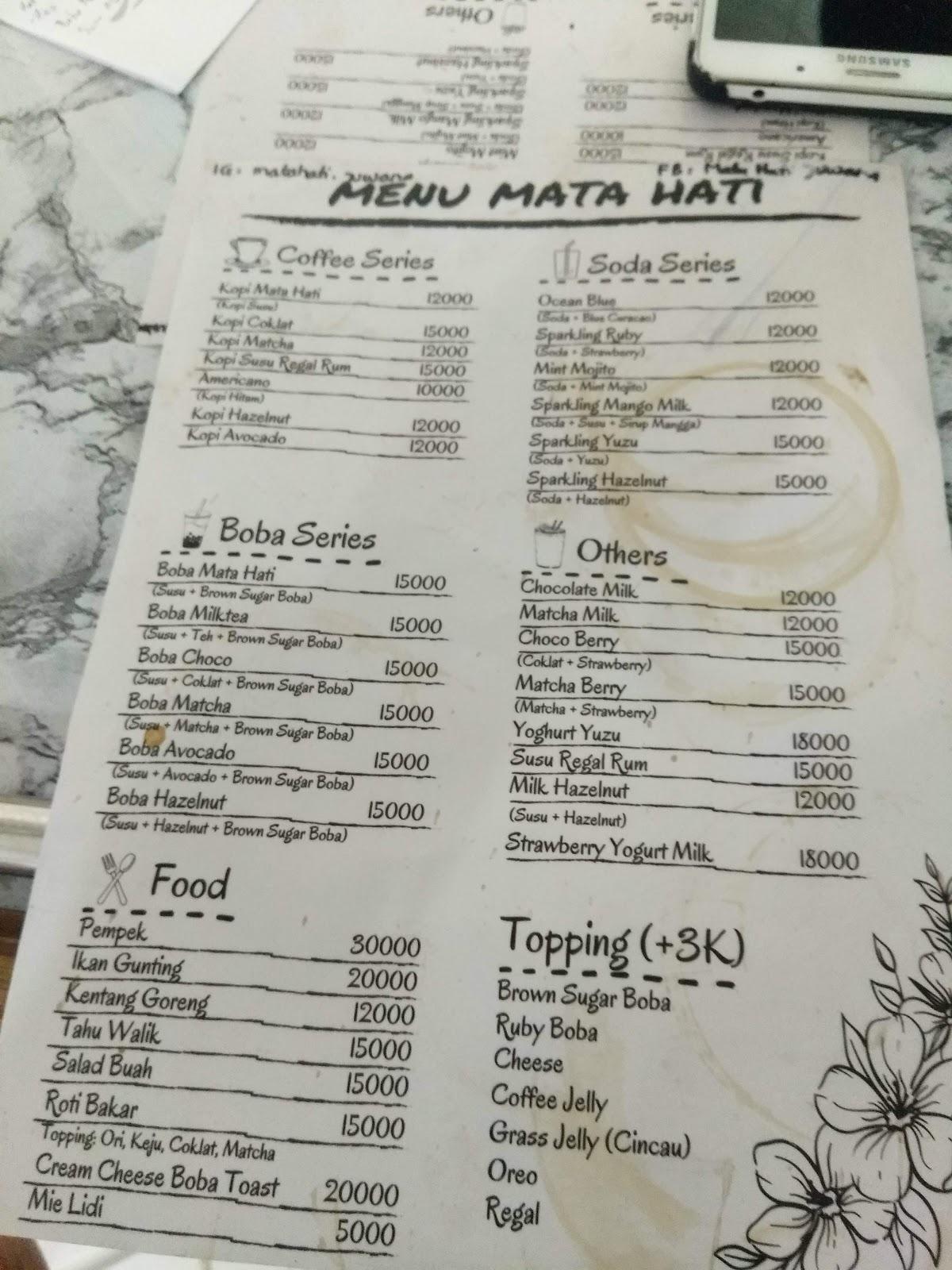 Menu at Mata Hati cafe, Pajeksan
