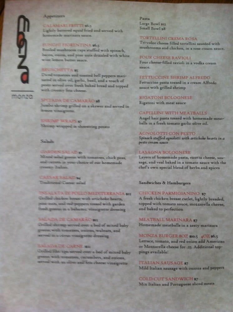Menu at Monza pub & bar, Manassas, Battle St