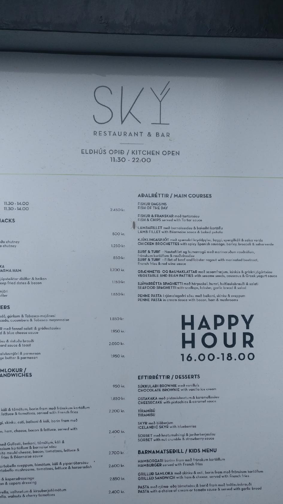 Menu at SKY Bar, Reykjavík
