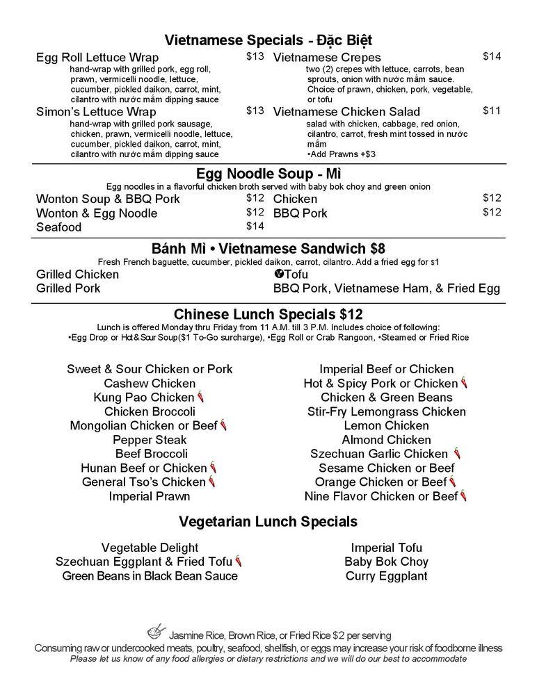 Menu at Simon's restaurant, Port Orchard