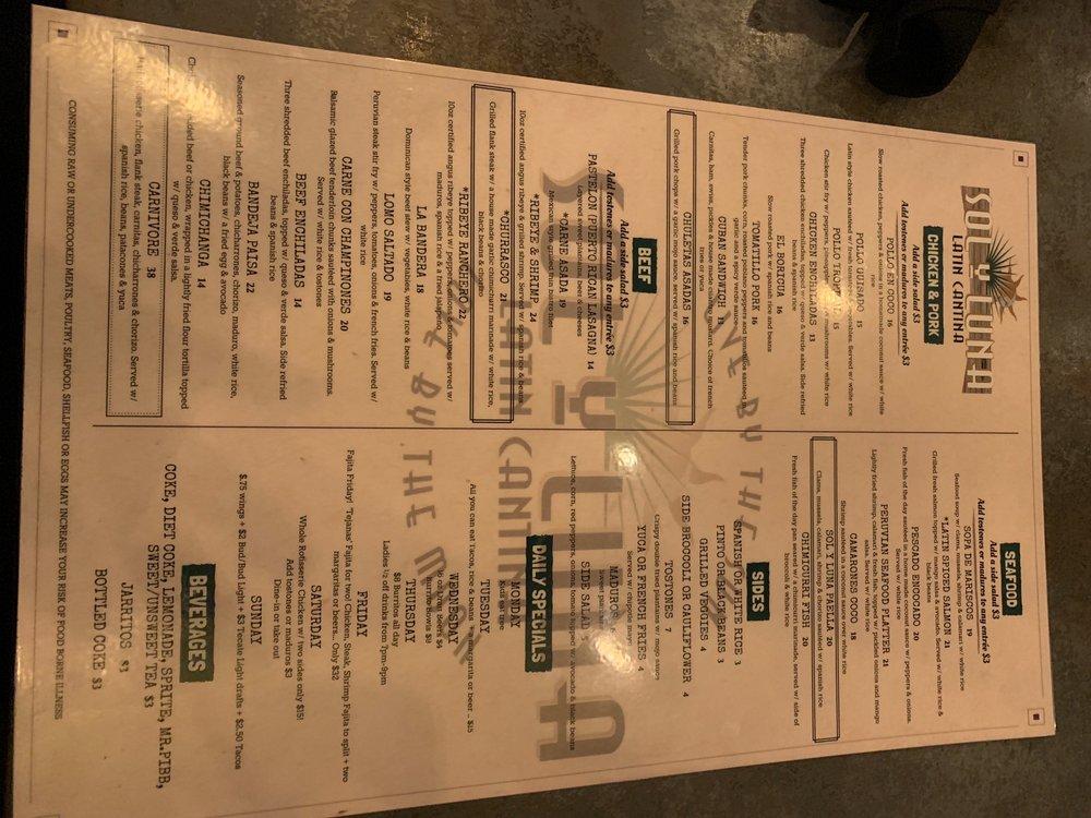 Menu at Sol y Luna pub & bar, Myrtle Beach