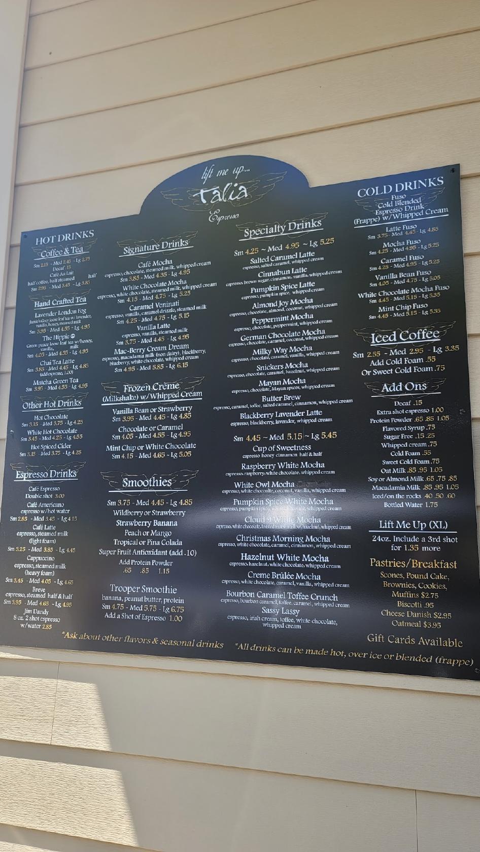 Menu at Talia Espresso Elkin Drive-Thru, Elkin