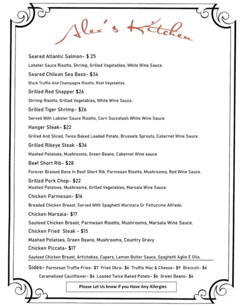 Menu at Alex's Kitchen restaurant, Missouri City