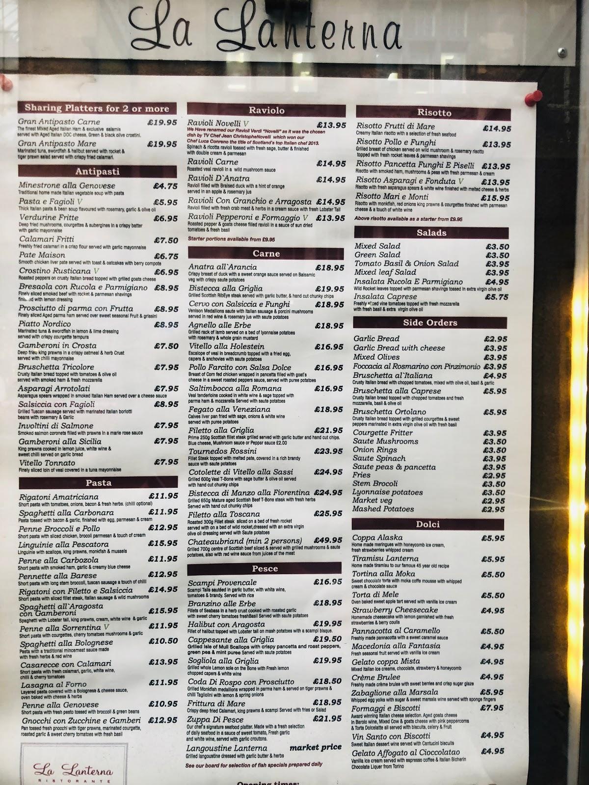 Menu at La Lanterna restaurant, Glasgow, 35 Hope St