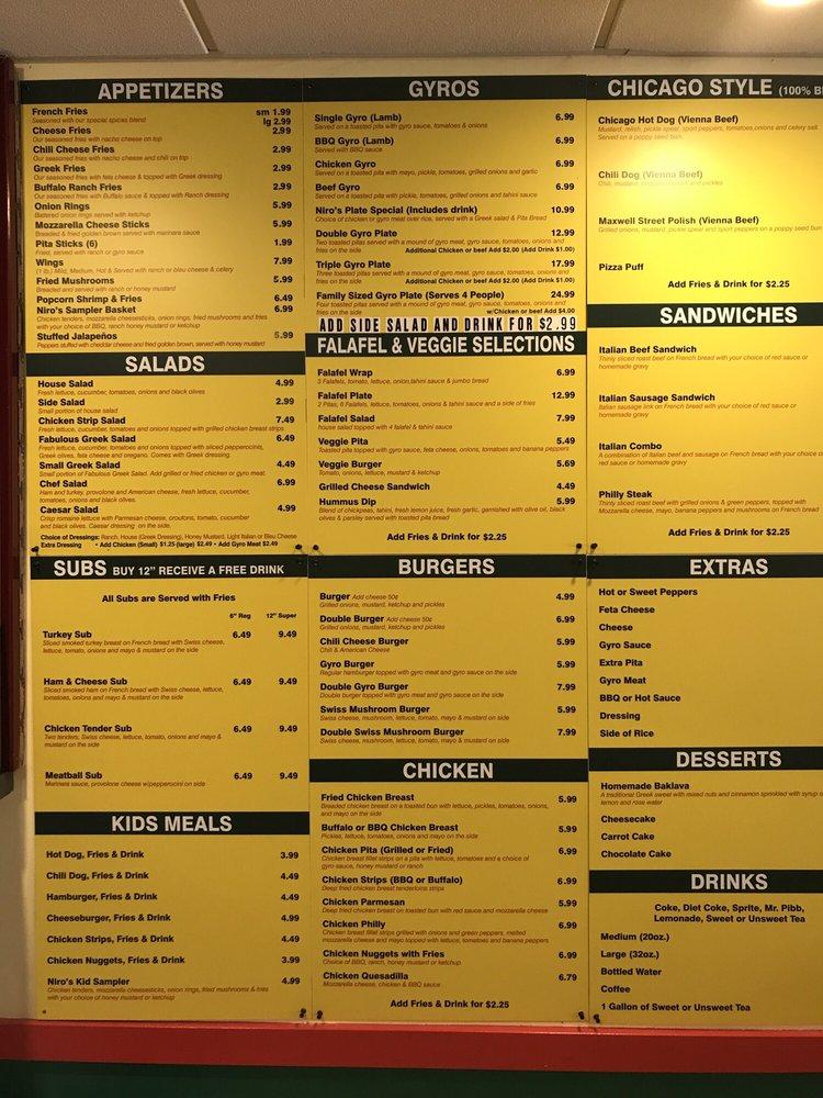 Menu at Niros Gyros restaurant, Knoxville, Cumberland Ave
