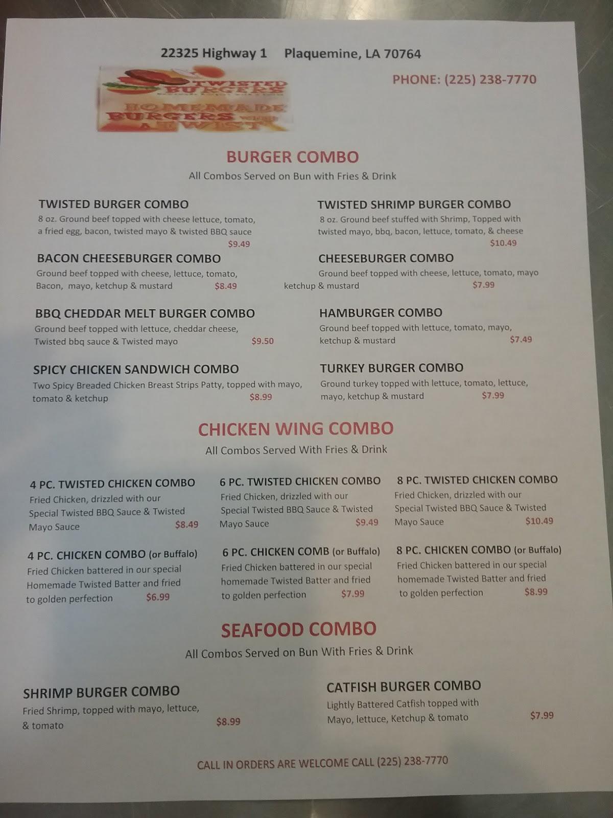 Menu at Twisted Burgers restaurant, Plaquemine