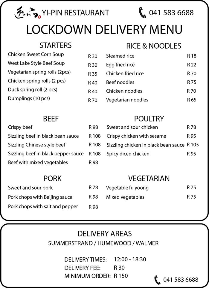 Menu at Yi Pin restaurant, Port Elizabeth