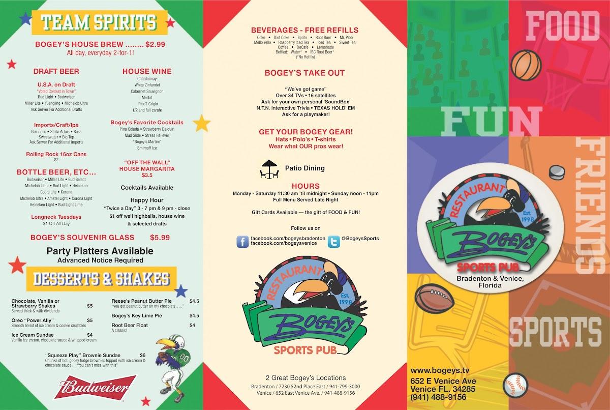 Menu at Bogey's Sports Pub, Venice