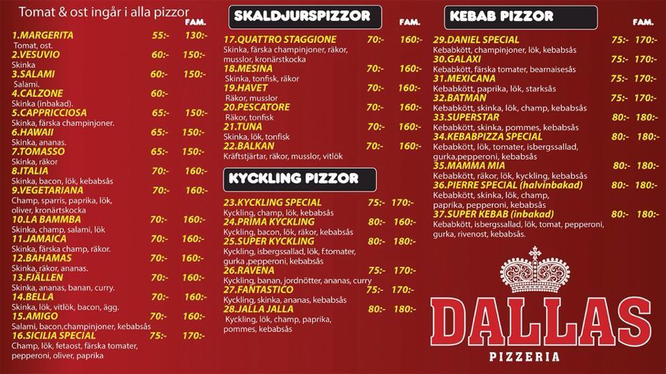 Menu at Dallas Pizzeria, Svenljunga