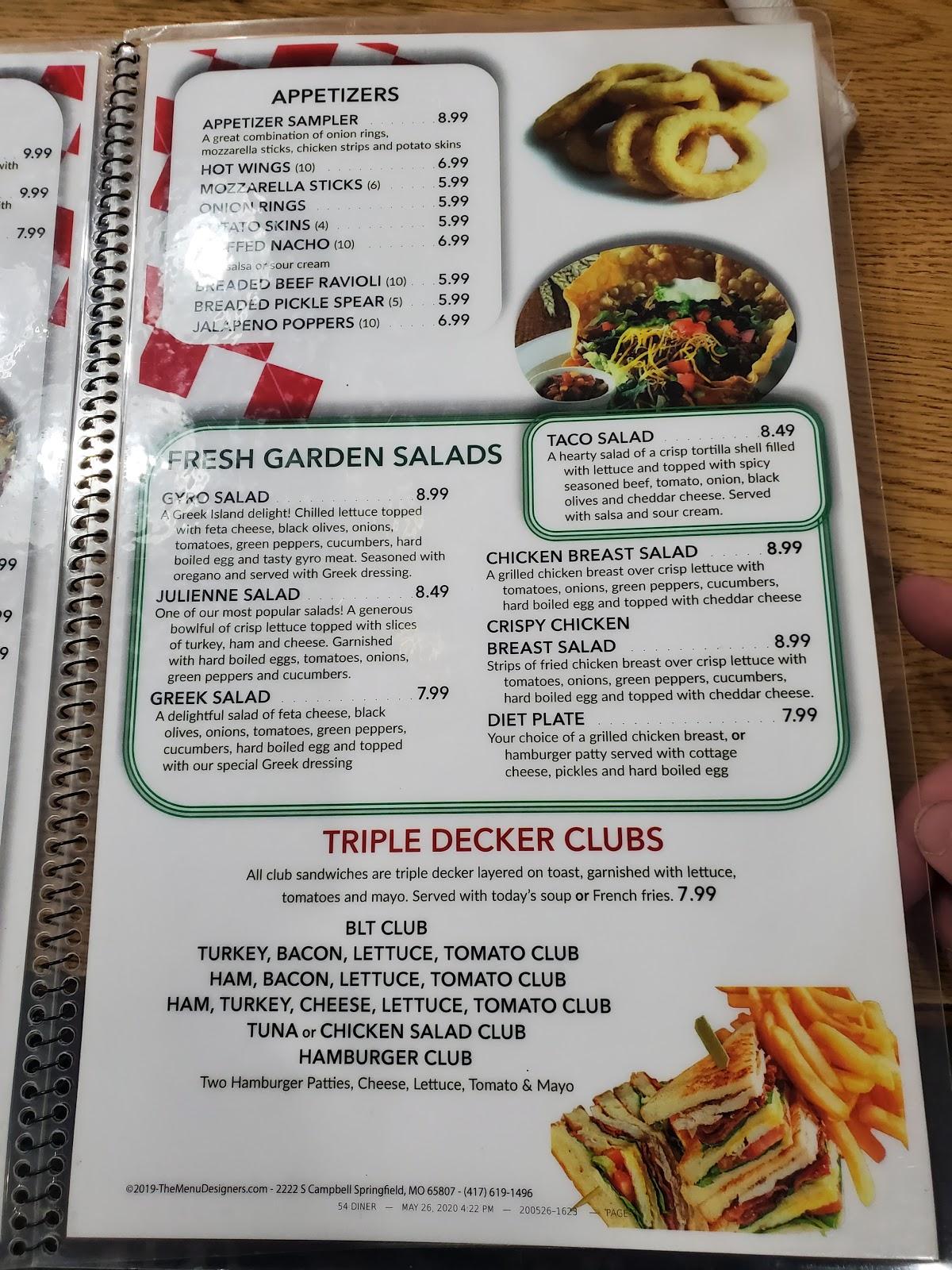 Menu at Diner 54 restaurant, Kirksville