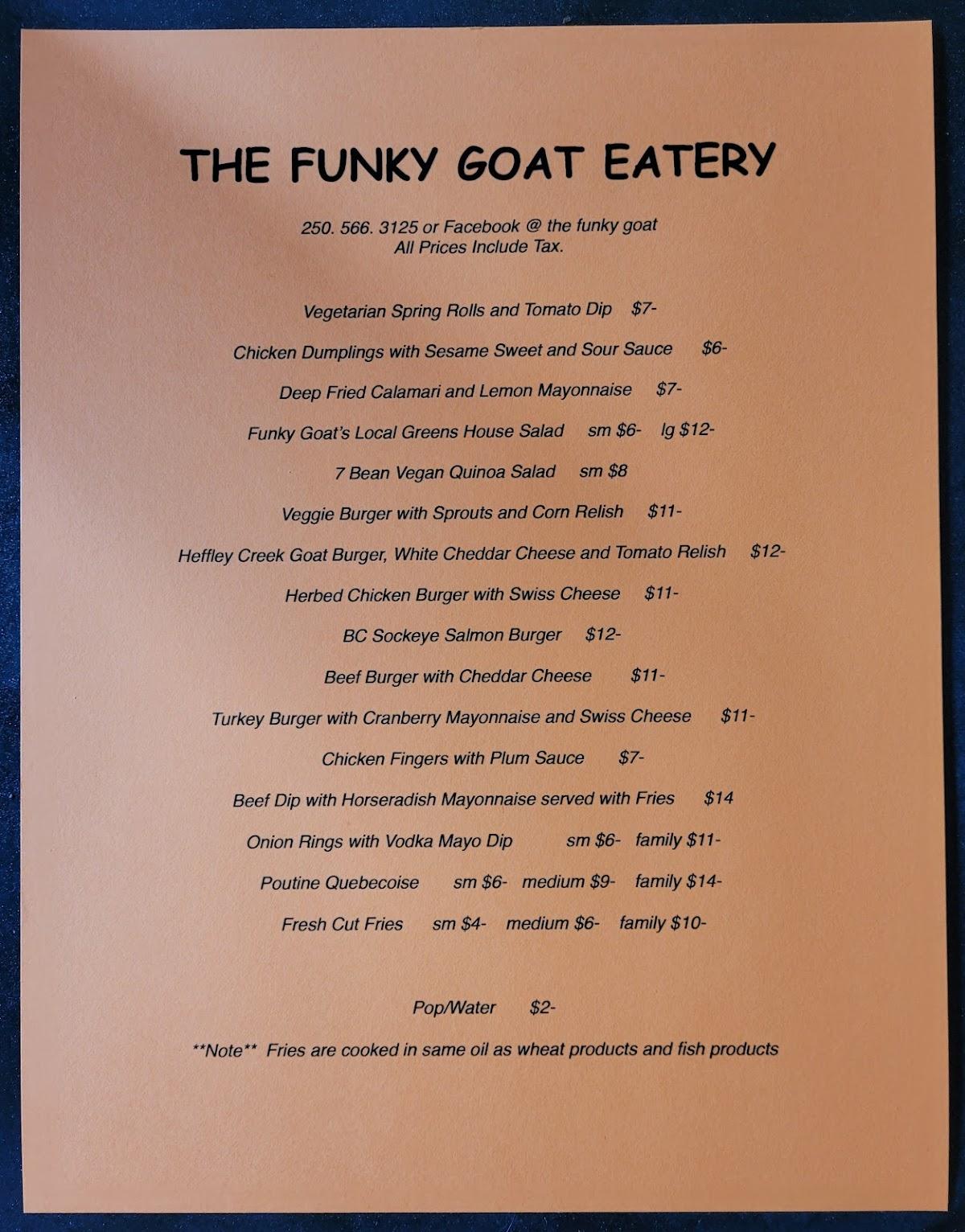 Menu at Funky Goat restaurant, Valemount