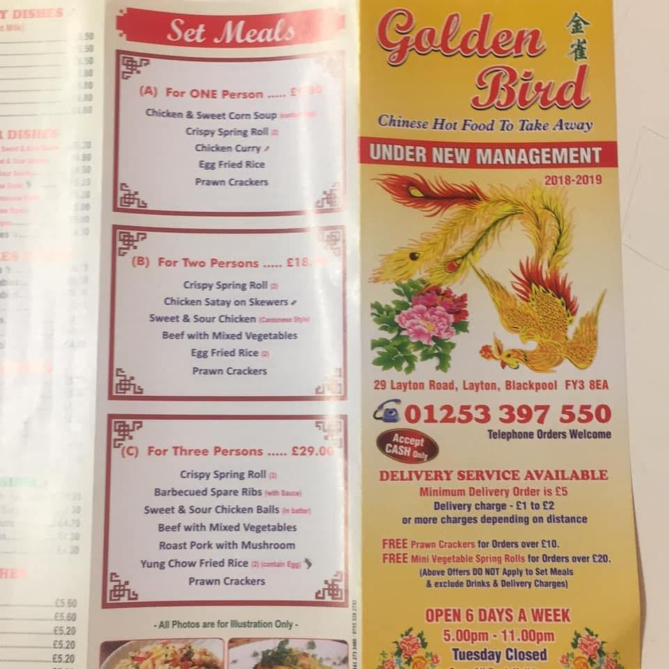 Menu at Golden Bird fast food, Blackpool