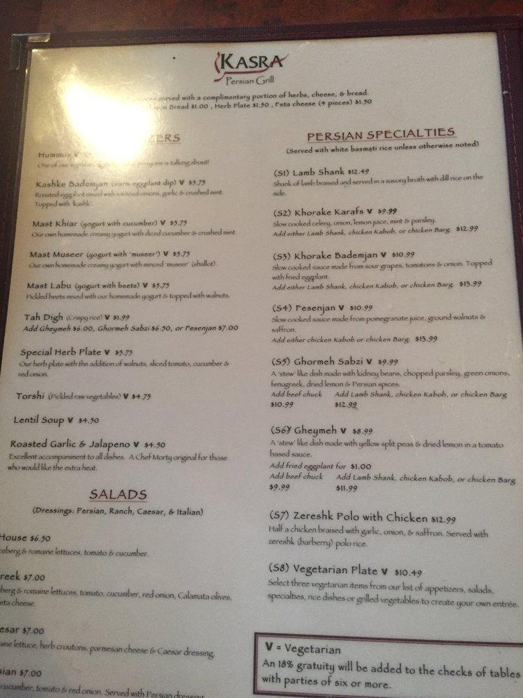 Menu at Kasra Persian Grill restaurant, Houston, Westheimer Rd