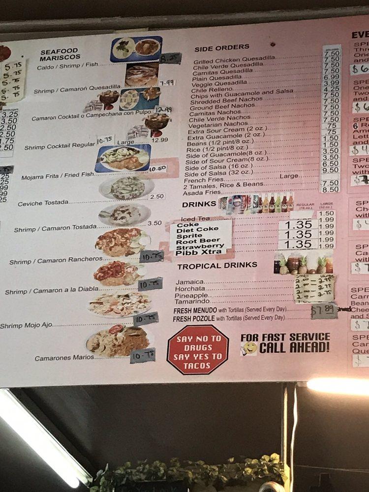 Menu at Mario's Taco Shop fast food, Merced, 51 W 16th St