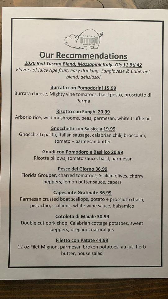 Menu at Ottimo restaurant, Orland Park