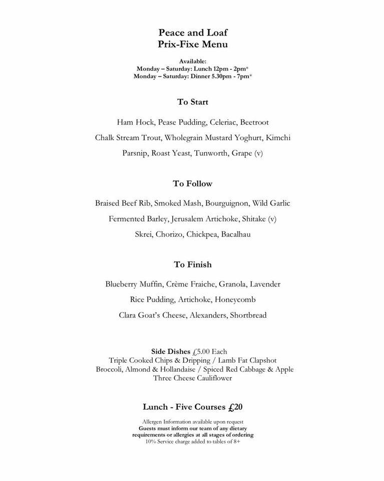 Menu at Peace & Loaf restaurant, Newcastle upon Tyne