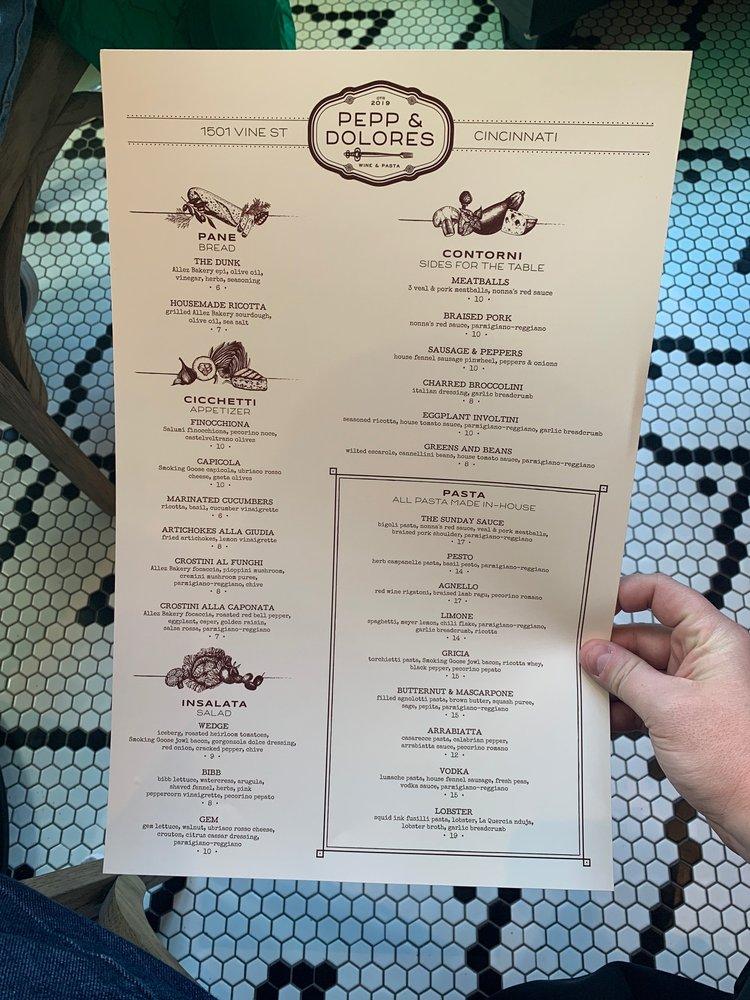 Menu at Pepp & Dolores restaurant, Cincinnati