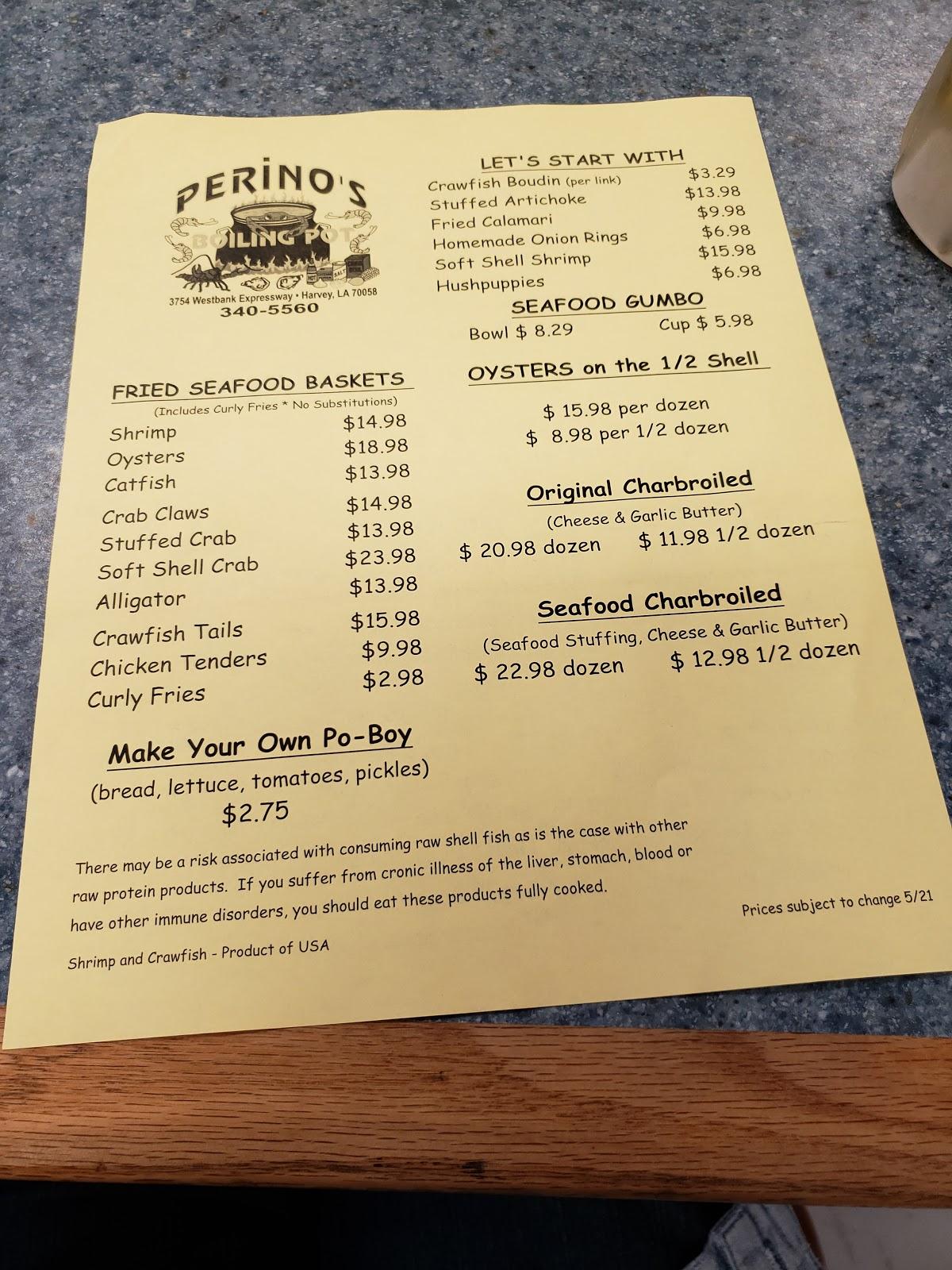 Menu at Perino's Boiling Pot restaurant, Harvey
