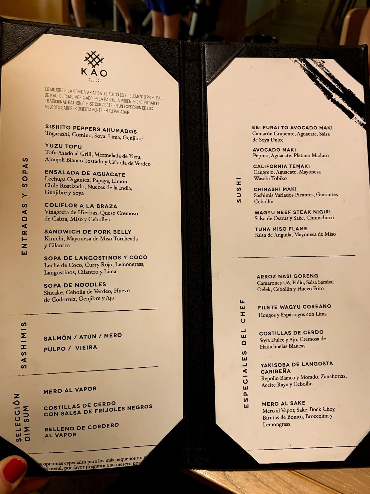 Menu at Tao restaurant, Punta Cana