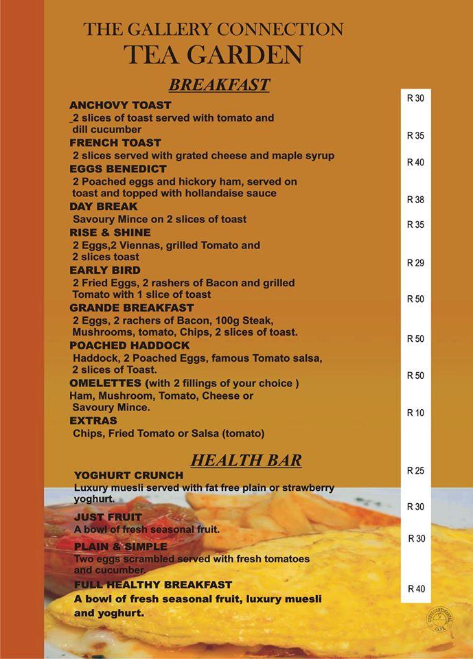 Menu at The Gallery Connection, Pretoria