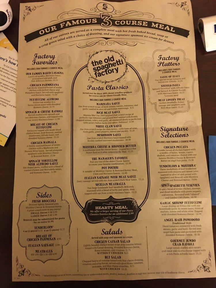 Menu at The Old Spaghetti Factory restaurant, Indianapolis