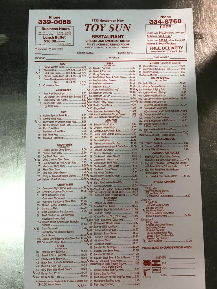 Menu at Toy Sun Restaurant, Winnipeg